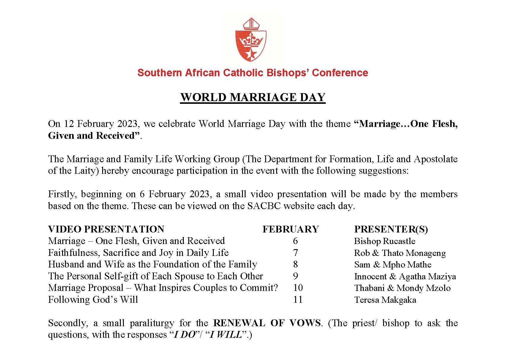 World Marriage Day – 12 February 2023 – Diocesis Oudtshoornensis